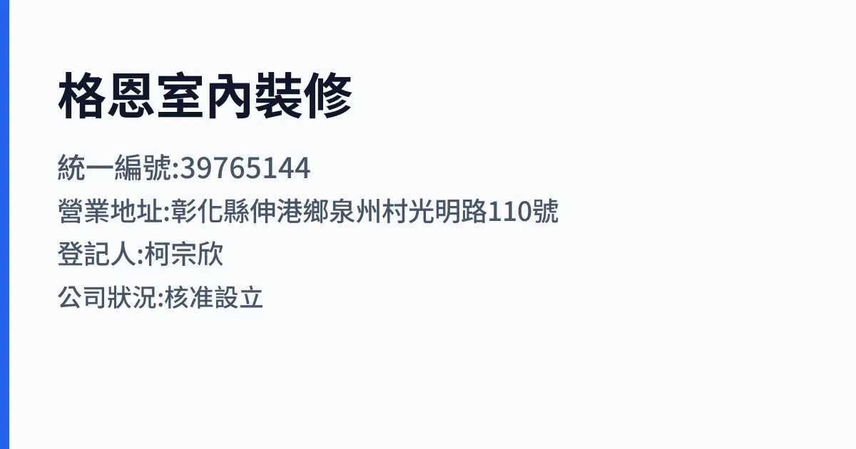 格恩室內裝修 - 統編 39765144(彰化縣) 公司登記資料與營業項目詳細圖表