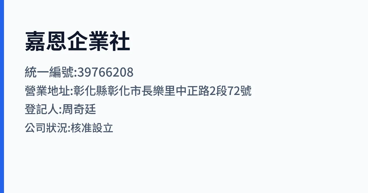 嘉恩企業社 - 統編 39766208 (彰化縣) 公司登記資料與營業項目詳細圖表