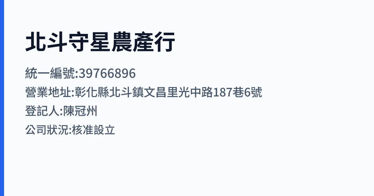 北斗守星農產行 - 統編 39766896 (彰化縣) 公司登記資料與營業項目詳細圖表