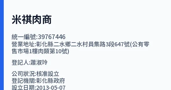米祺肉商的照片-統編 39767446(彰化縣) 公司登記資料與營業項目詳細圖表