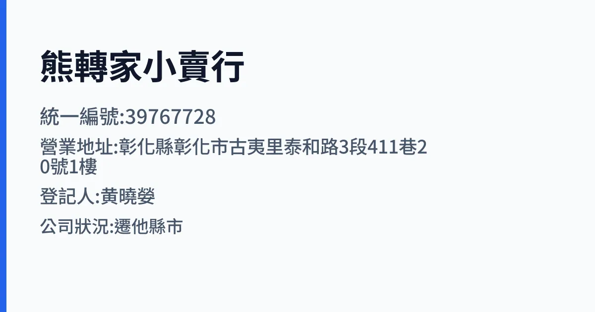 熊轉家小賣行 - 統編 39767728(臺中市) 公司登記資料與營業項目詳細圖表