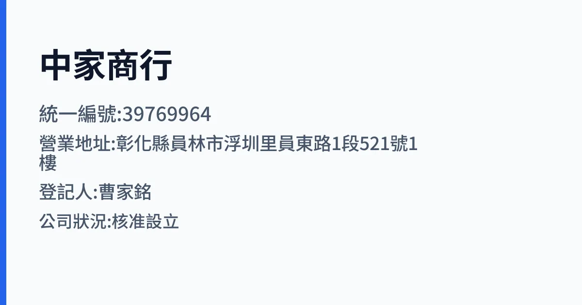 中家商行 - 統編 39769964（彰化縣） 公司登記資料與營業項目詳細圖表