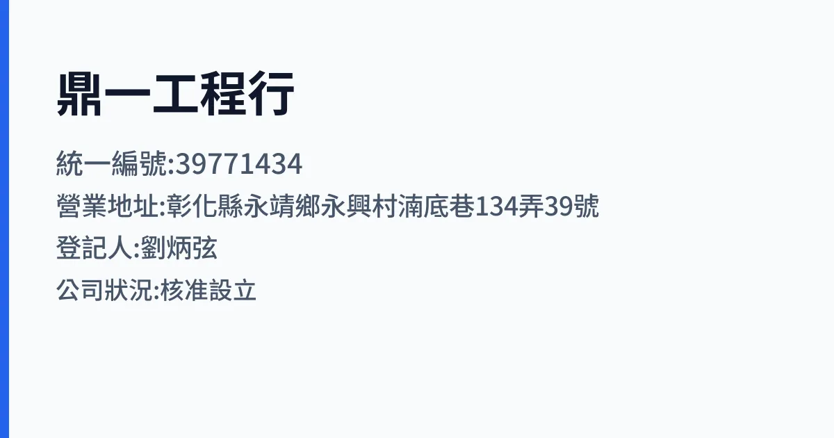 鼎一工程行 - 統編 39771434(彰化縣) 公司登記資料與營業項目詳細圖表