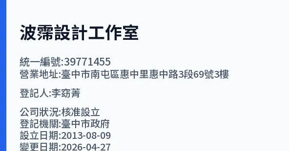 波霈設計工作室的照片-統編 39771455(臺中市) 公司登記資料與營業項目詳細圖表
