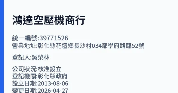 鴻達空壓機商行的照片-統編 39771526(彰化縣) 公司登記資料與營業項目詳細圖表