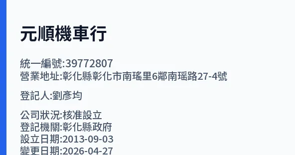 元順機車行的照片-統編 39772807(彰化縣) 公司登記資料與營業項目詳細圖表