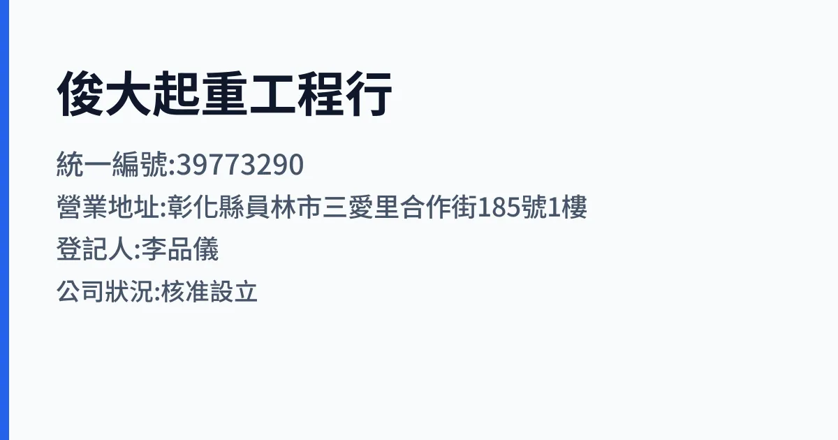 俊大起重工程行 - 統編 39773290(彰化縣) 公司登記資料與營業項目詳細圖表