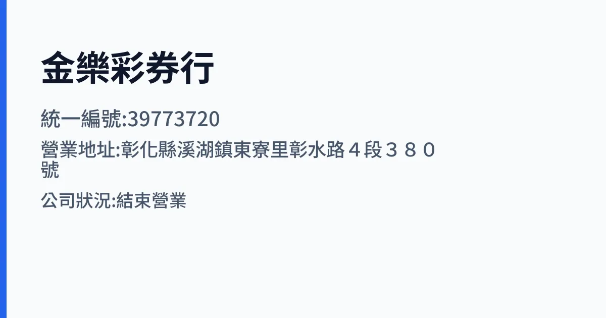 金樂彩券行 - 統編 39773720(彰化縣) 公司登記資料與營業項目詳細圖表