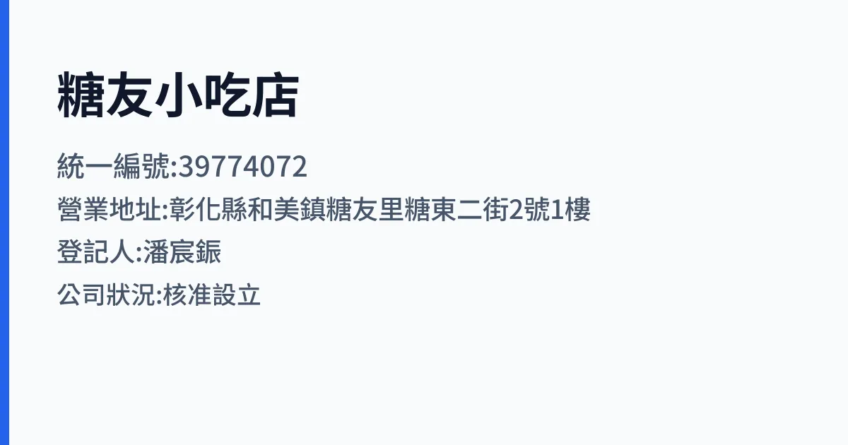 糖友小吃店 - 統編 39774072(彰化縣) 公司登記資料與營業項目詳細圖表