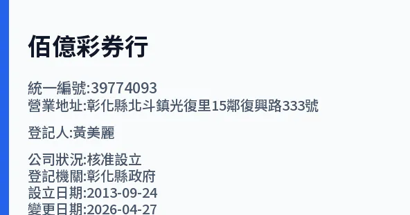 佰億彩券行的照片-統編 39774093(彰化縣) 公司登記資料與營業項目詳細圖表