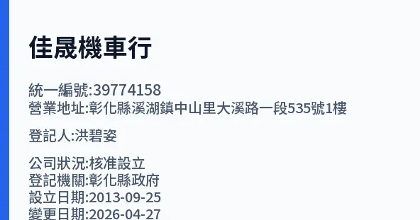 佳晟機車行的照片-統編 39774158(彰化縣) 公司登記資料與營業項目詳細圖表