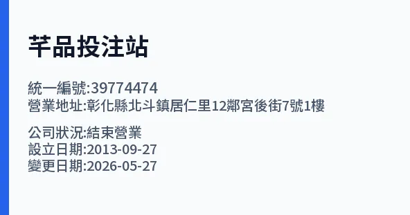 芊品投注站的照片-統編 39774474(彰化縣) 公司登記資料與營業項目詳細圖表