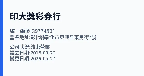 印大獎彩券行的照片-統編 39774501(彰化縣) 公司登記資料與營業項目詳細圖表