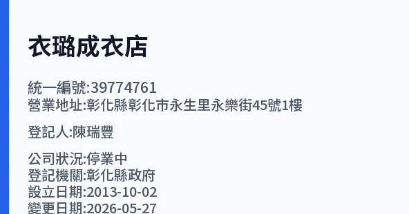 衣璐成衣店的照片-統編 39774761(彰化縣) 公司登記資料與營業項目詳細圖表