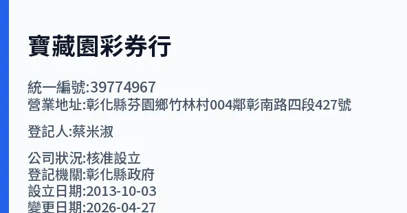 寶藏園彩券行的照片-統編 39774967(彰化縣) 公司登記資料與營業項目詳細圖表