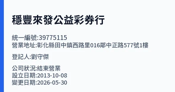 穩豐來發公益彩券行的照片-統編 39775115(彰化縣) 公司登記資料與營業項目詳細圖表