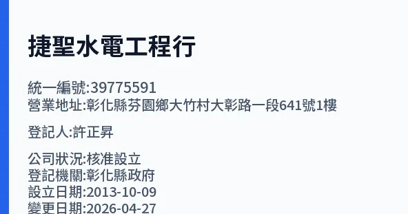 捷聖水電工程行的照片-統編 39775591(彰化縣) 公司登記資料與營業項目詳細圖表