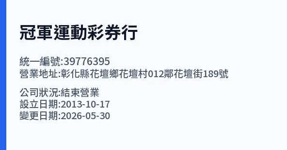 冠軍運動彩券行的照片-統編 39776395(彰化縣) 公司登記資料與營業項目詳細圖表