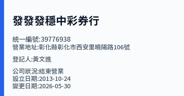 發發發穩中彩券行的照片-統編 39776938(彰化縣) 公司登記資料與營業項目詳細圖表