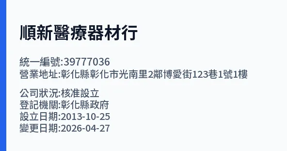 順新醫療器材行的照片-統編 39777036(彰化縣) 公司登記資料與營業項目詳細圖表