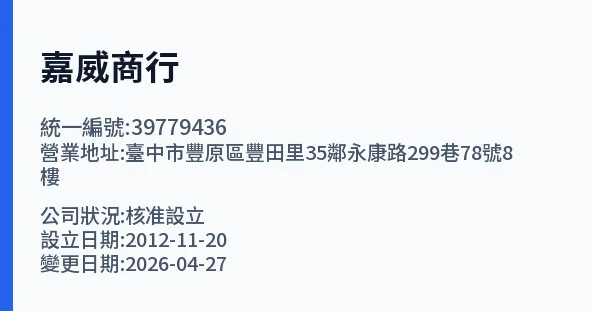 嘉威商行的照片-統編 39779436(臺中市) 公司登記資料與營業項目詳細圖表