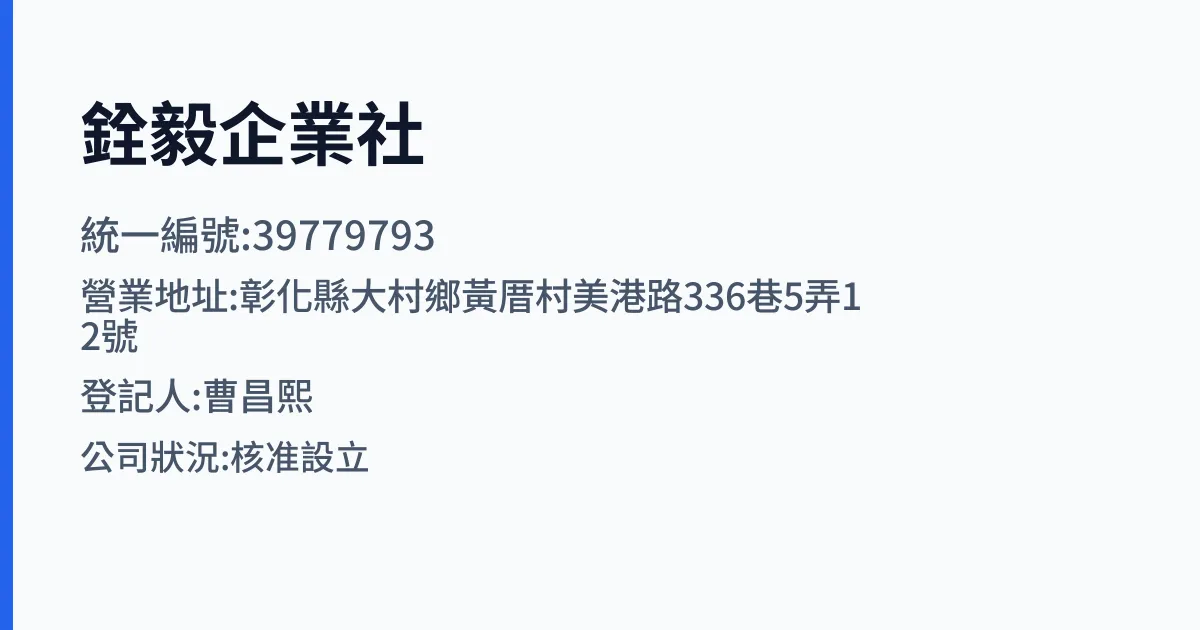 銓毅企業社 - 統編 39779793(彰化縣) 公司登記資料與營業項目詳細圖表