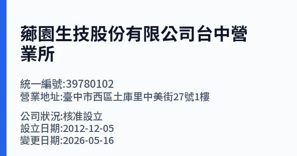 薌園生技股份有限公司台中營業所的照片-統編 39780102(臺中市) 公司登記資料與營業項目詳細圖表