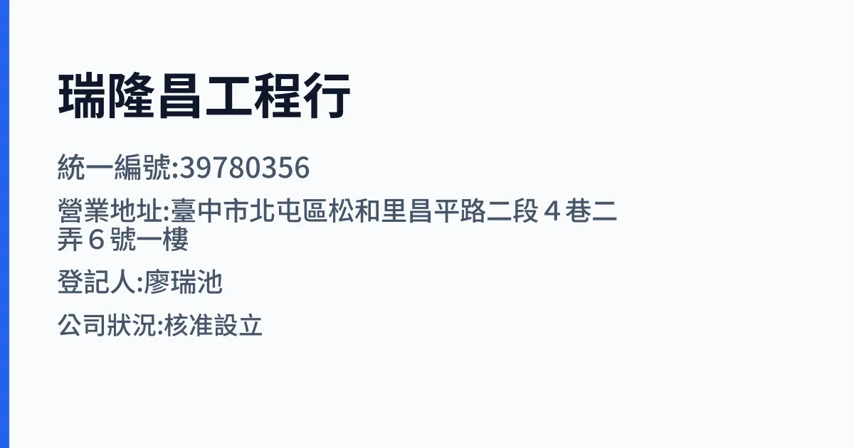 瑞隆昌工程行 - 統編 39780356(臺中市) 公司登記資料與營業項目詳細圖表