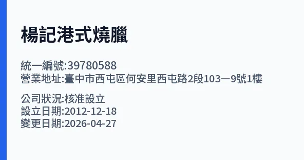 楊記港式燒臘的照片-統編 39780588(臺中市) 公司登記資料與營業項目詳細圖表