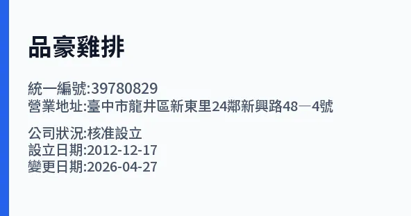 品豪雞排的照片-統編 39780829(臺中市) 公司登記資料與營業項目詳細圖表