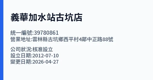 義華加水站古坑店的照片-統編 39780861(雲林縣) 公司登記資料與營業項目詳細圖表