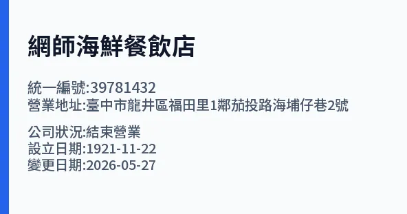 網師海鮮餐飲店的照片-統編 39781432(臺中市) 公司登記資料與營業項目詳細圖表