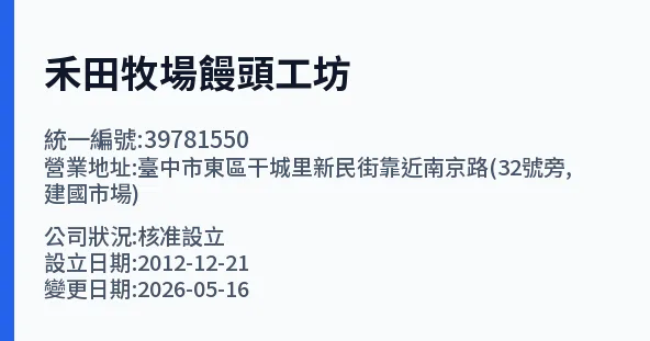 禾田牧場饅頭工坊的照片-統編 39781550(臺中市) 公司登記資料與營業項目詳細圖表