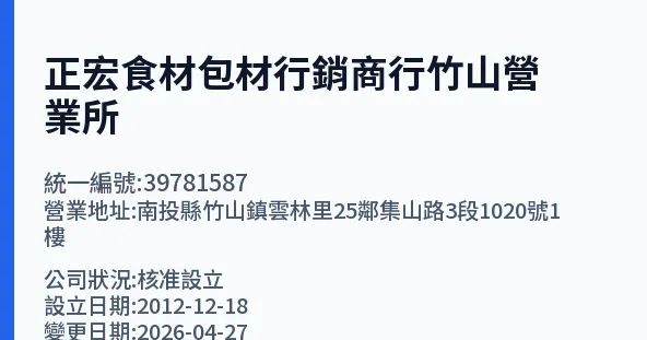 正宏食材包材行銷商行竹山營業所的照片-統編 39781587(南投縣) 公司登記資料與營業項目詳細圖表