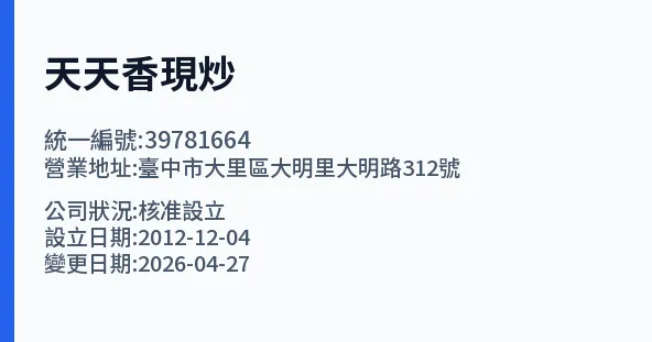天天香現炒的照片-統編 39781664(臺中市) 公司登記資料與營業項目詳細圖表