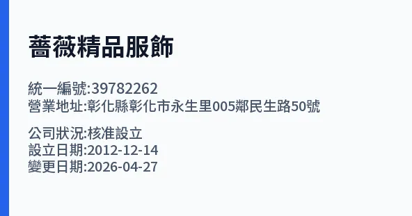 薔薇精品服飾的照片-統編 39782262(彰化縣) 公司登記資料與營業項目詳細圖表