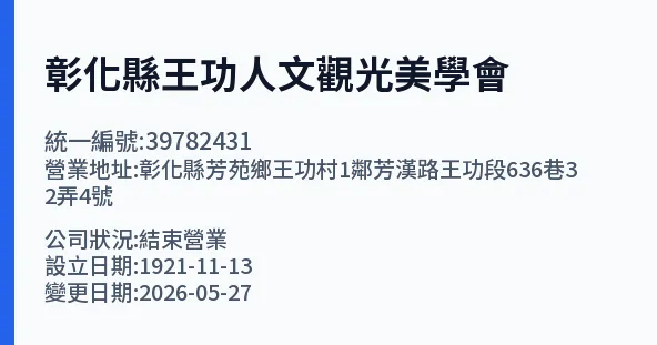 彰化縣王功人文觀光美學會的照片-統編 39782431(彰化縣) 公司登記資料與營業項目詳細圖表