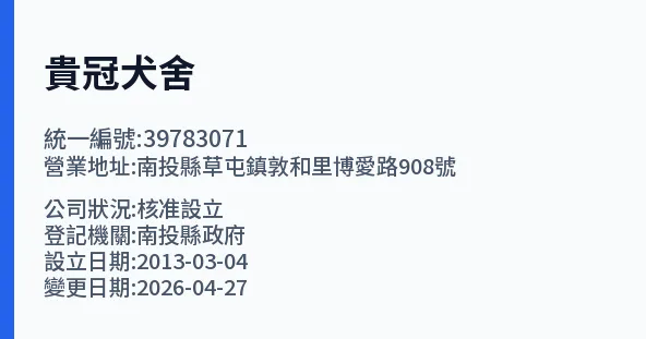 貴冠犬舍的照片-統編 39783071(南投縣) 公司登記資料與營業項目詳細圖表