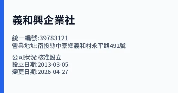 義和興企業社的照片-統編 39783121(南投縣) 公司登記資料與營業項目詳細圖表