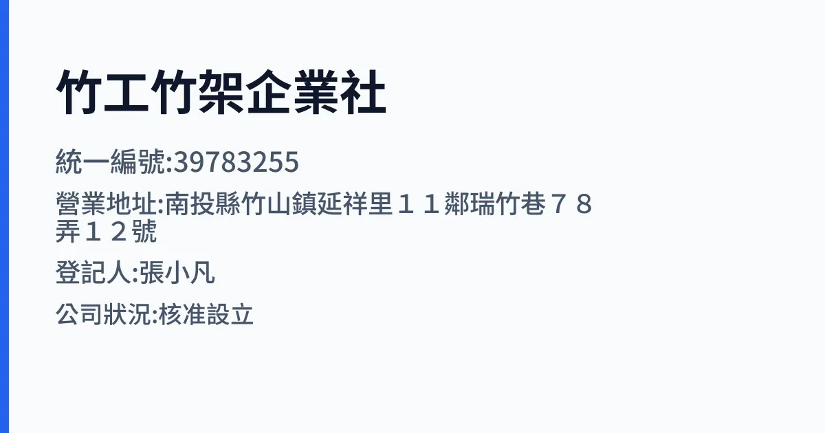 竹工竹架企業社 - 統編 39783255(南投縣) 公司登記資料與營業項目詳細圖表
