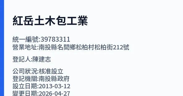 紅岳土木包工業的照片-統編 39783311(南投縣) 公司登記資料與營業項目詳細圖表