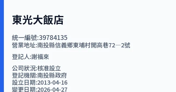 東光大飯店的照片-統編 39784135(南投縣) 公司登記資料與營業項目詳細圖表