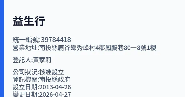 益生行的照片-統編 39784418(南投縣) 公司登記資料與營業項目詳細圖表