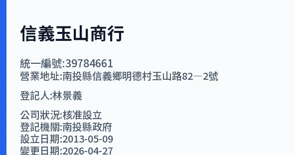信義玉山商行的照片-統編 39784661(南投縣) 公司登記資料與營業項目詳細圖表