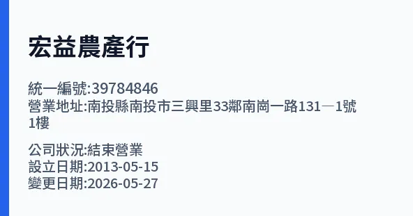 宏益農產行的照片-統編 39784846(南投縣) 公司登記資料與營業項目詳細圖表