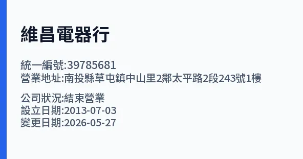 維昌電器行的照片-統編 39785681(南投縣) 公司登記資料與營業項目詳細圖表