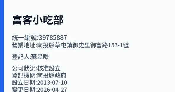 富客小吃部的照片-統編 39785887(南投縣) 公司登記資料與營業項目詳細圖表
