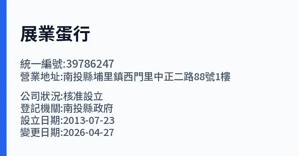 展業蛋行的照片-統編 39786247(南投縣) 公司登記資料與營業項目詳細圖表