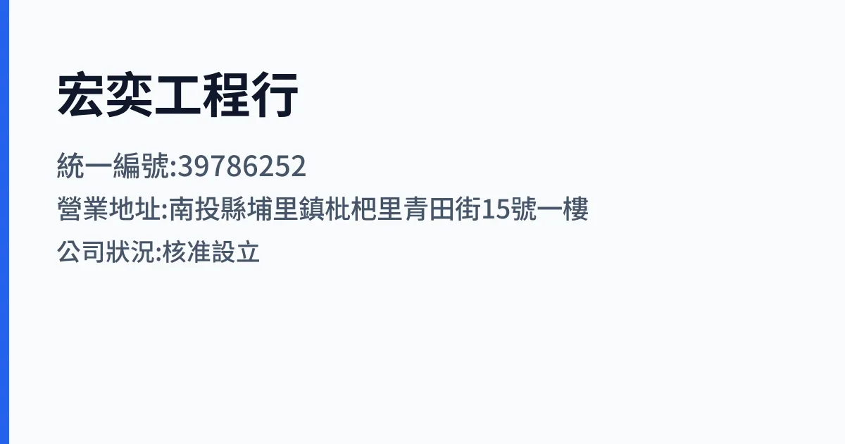 宏奕工程行 - 統編 39786252(南投縣) 公司登記資料與營業項目詳細圖表