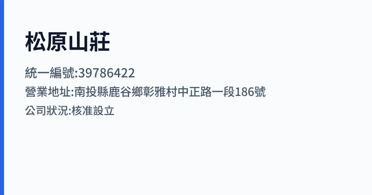 松原山莊 - 統編 39786422(南投縣) 公司登記資料與營業項目詳細圖表